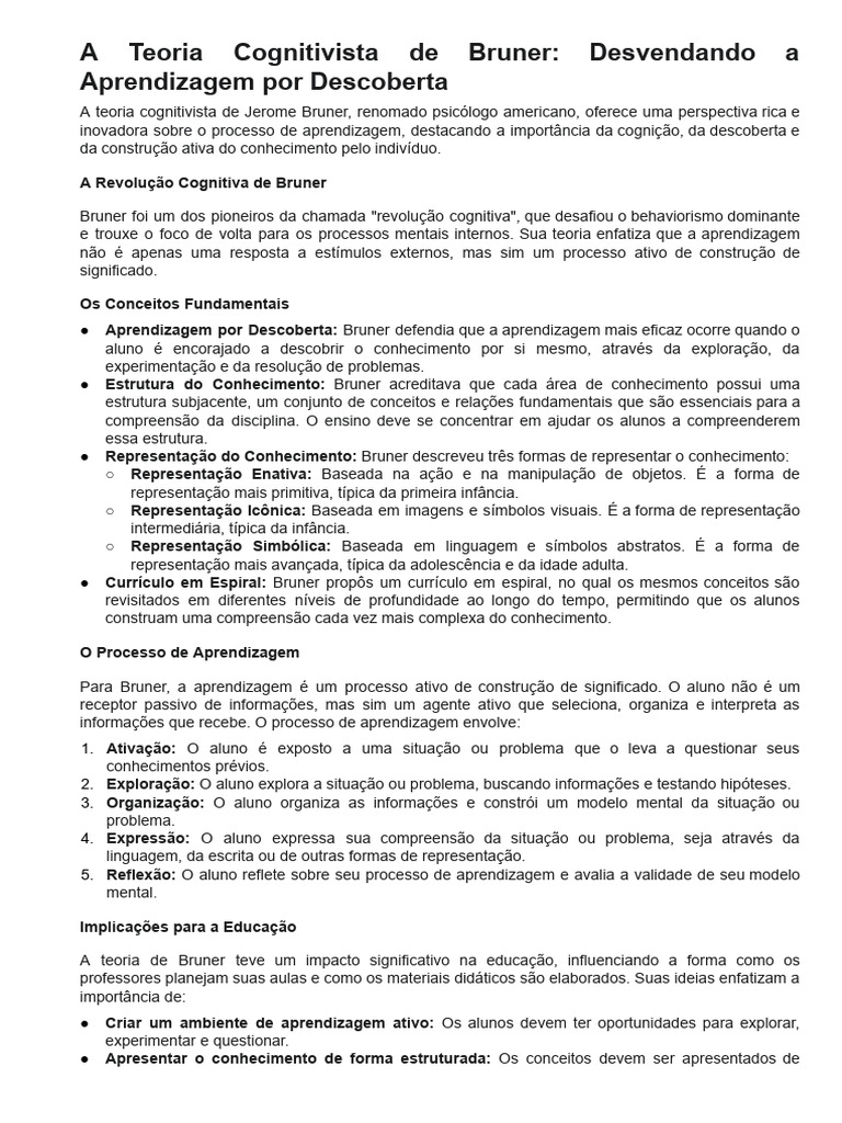 Teoria Cognitivista de Bruner | PDF | Aprendizado | Conhecimento