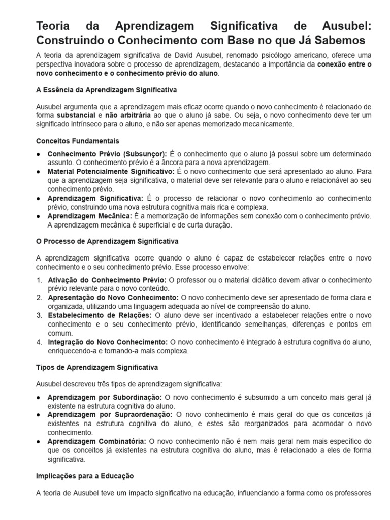 Teoria Da Aprendizagem Significativa de Ausubel | PDF | Aprendizado | Conhecimento
