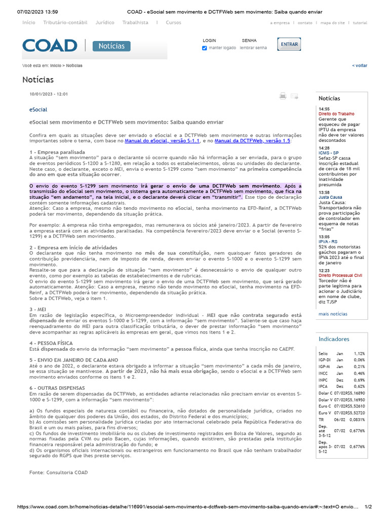 COAD - Esocial Sem Movimento e DCTFWeb Sem Movimento - Saiba Quando Enviar | PDF