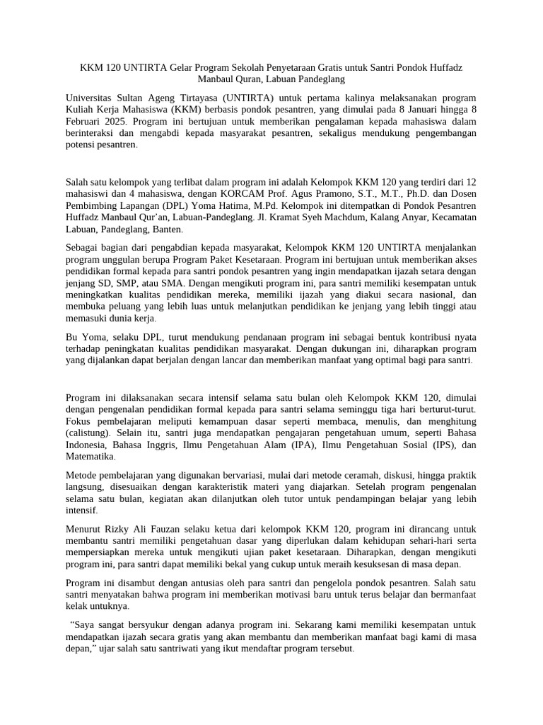 Artikel Berita KKM 120 UNTIRTA Gelar Program Sekolah Penyetaraan Gratis untuk Santri Pondok ...