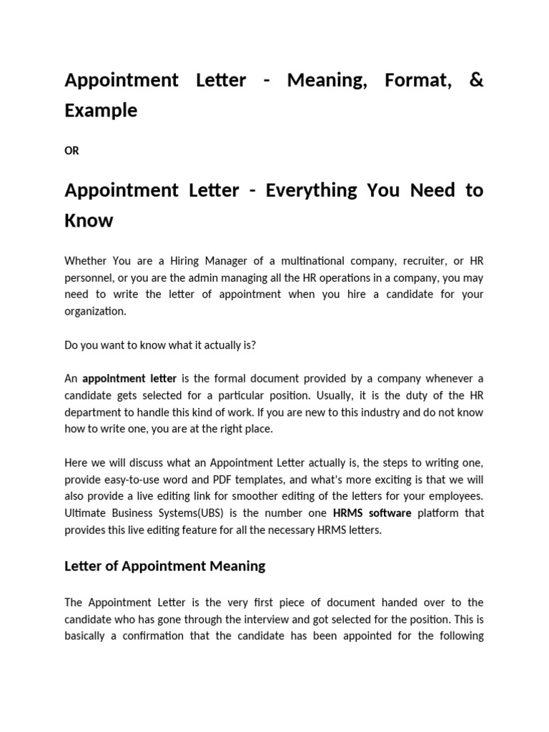 Appointment Letter - Meaning, Format, - Example | PDF | Salary | Employment