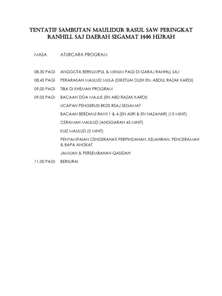 Tentatif Sambutan Maulidur Rasul Saw Peringkat Ranhill Saj Daerah Segamat 1446 Hijrah | PDF