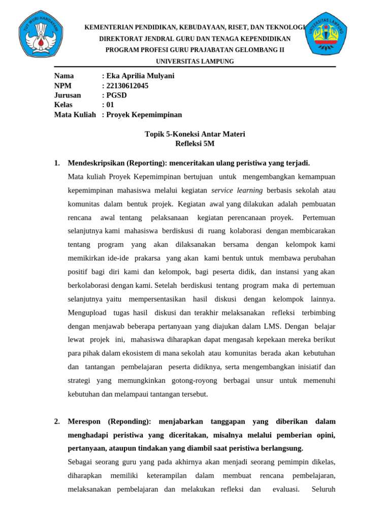 Eka Aprilia Mulyani-Koneksi Antar Materi-Topik 5-Proyek Kepemimpinan | PDF