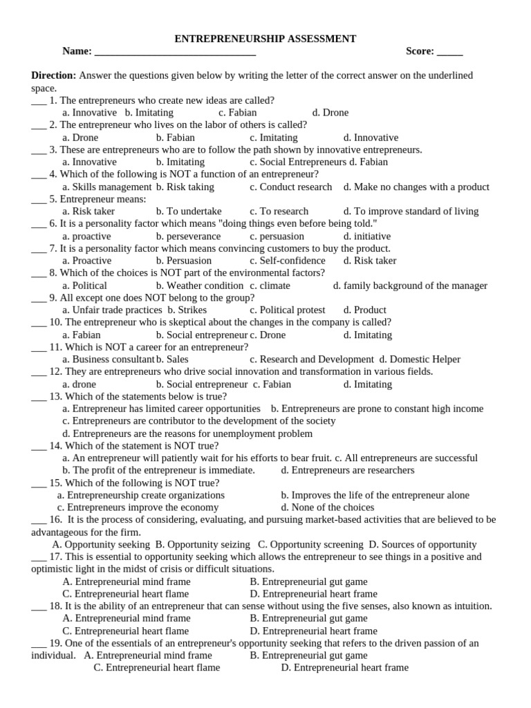 Entrepreneurship Assessment Quiz | PDF | Entrepreneurship | Private Sector