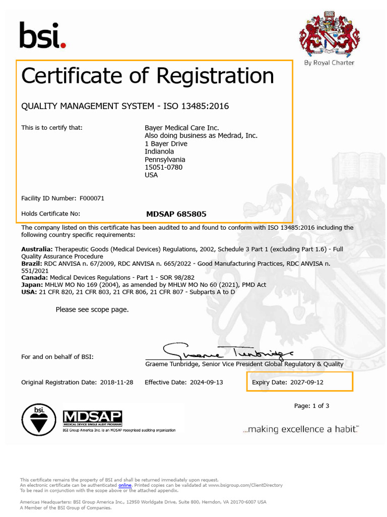 Certificado ISO 13485:2016 Bayer Medical | PDF | Cuidado de la salud ...