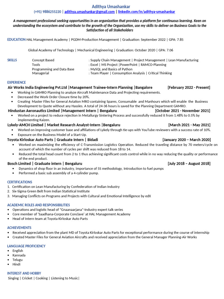 Adithya Umashankar Resume New PDF | PDF | Business