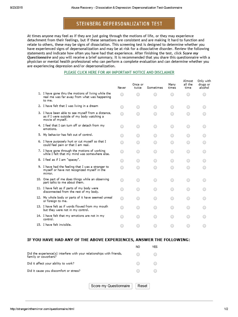 Depersonalization Screening Test | PDF | Dissociation (Psychology ...