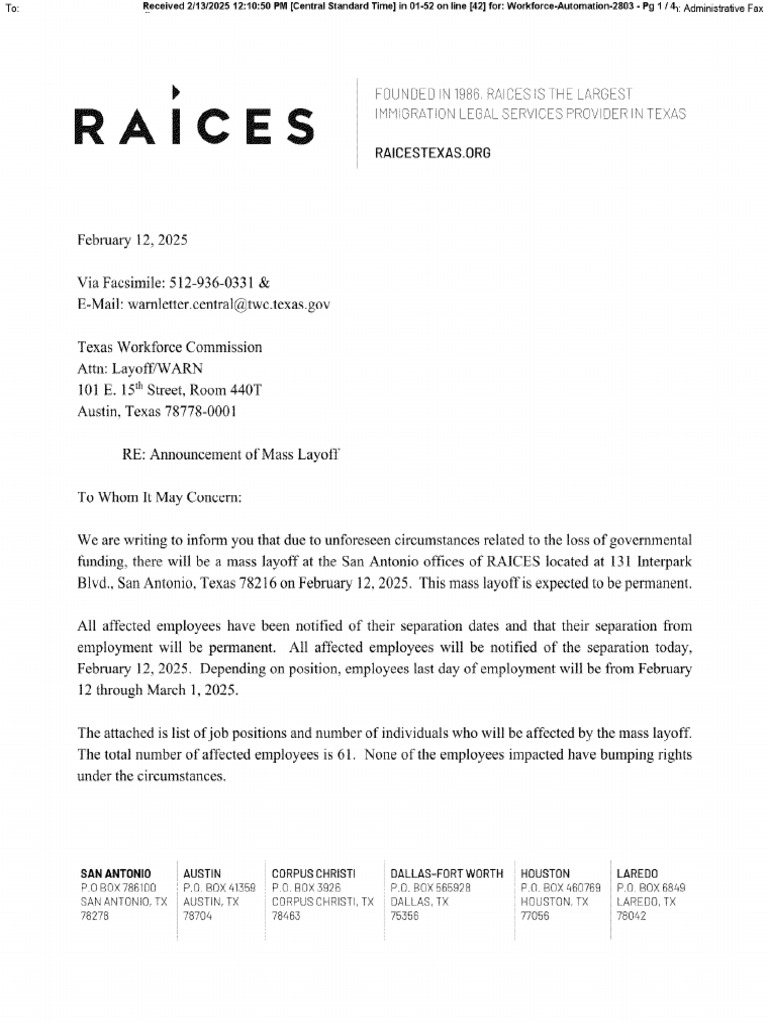 RAICES Layoffs Letter To Texas Workforce Commission | PDF