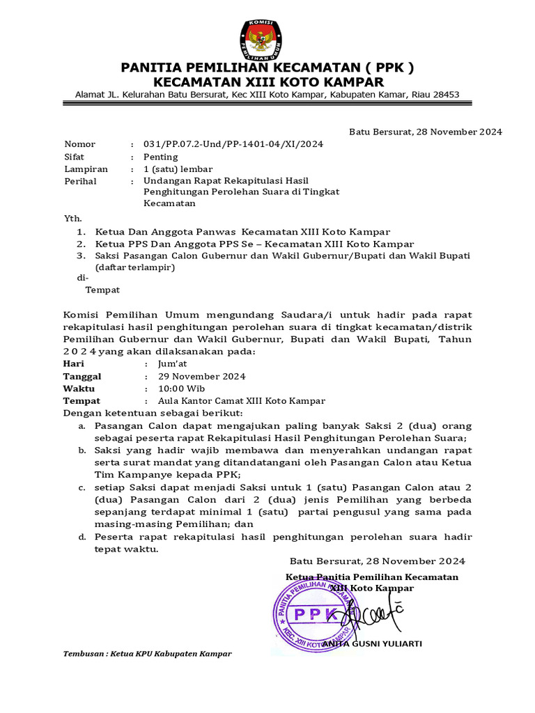 Undangan Pleno Kecamatan Xiii Koto Kampar - Pilkada | PDF
