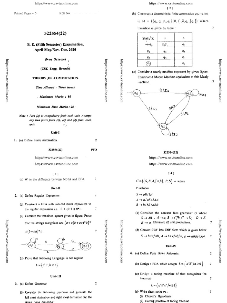 Be Cse 5 Sem Theory of Computation 322554 Dec 2020 | PDF
