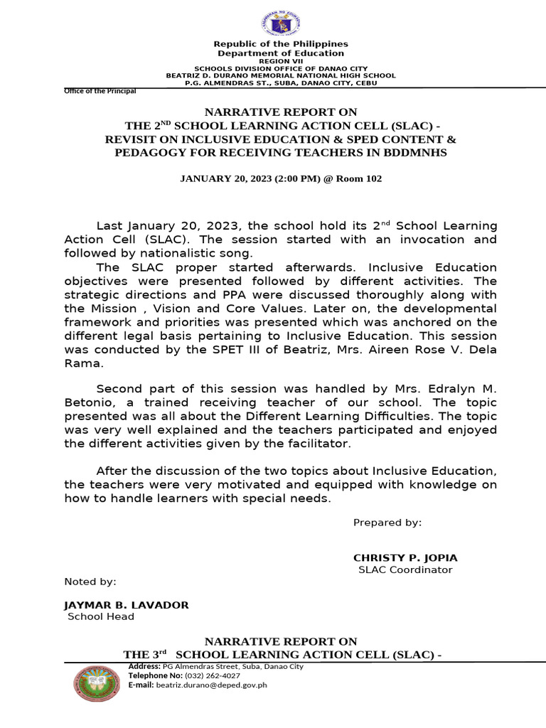 Narrative Report On Slac | PDF | Inclusion (Education) | Human ...