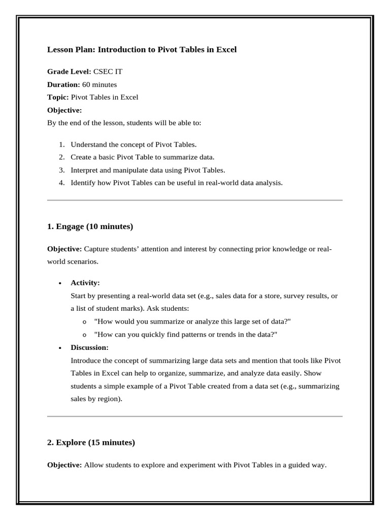 5e Lesson Plan On Pivot Table | PDF | Data | Data Analysis