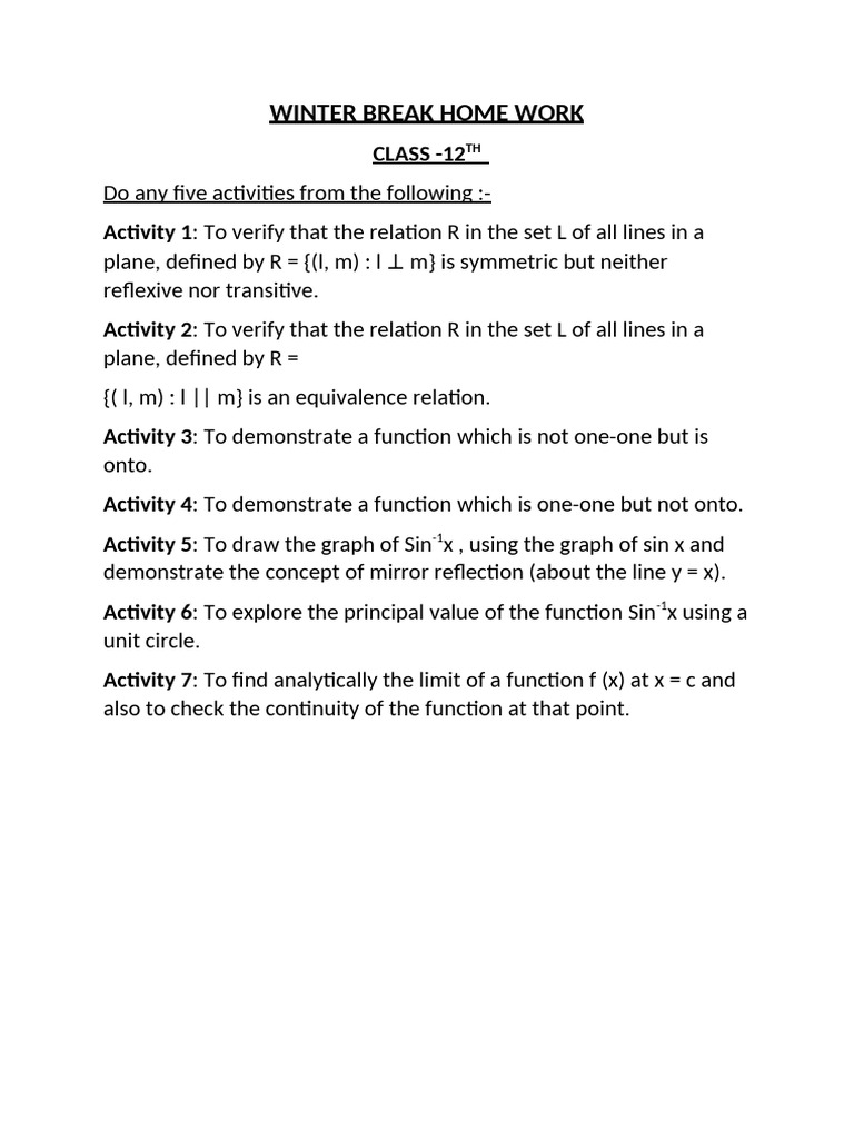 Winter Break Home Work 12 | PDF