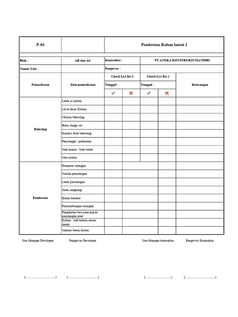 Form Checklis Kolom Lantai 1 | PDF