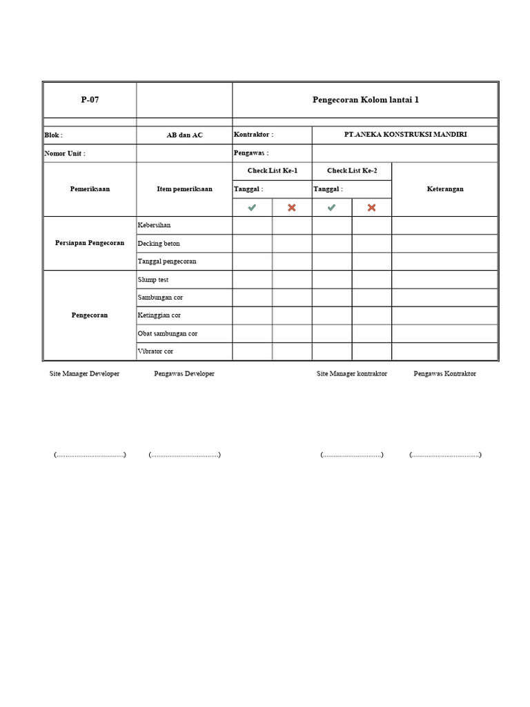 Form Checklis Pengecoran Kolom Lantai 1 | PDF