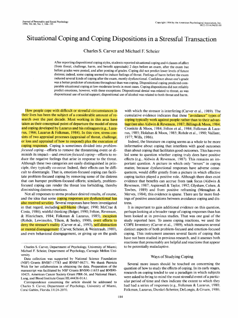 Carver, 1994. Situational Coping and Coping Dispositions in A Stressful ...