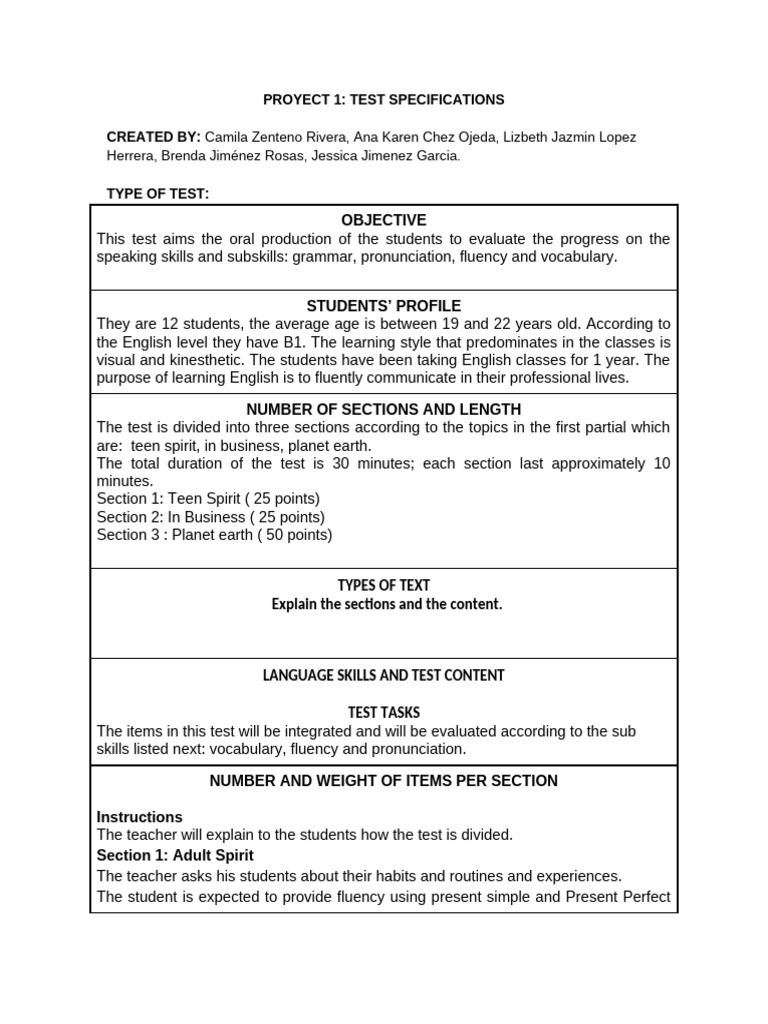 Test Specifications Pdf Fluency Vocabulary