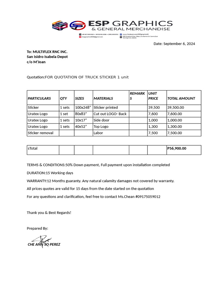 Uratex Truck Sticker Quotation | PDF