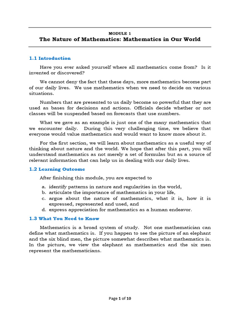 Module 1 Mathematics In Our World Pdf Numbers Mathematics
