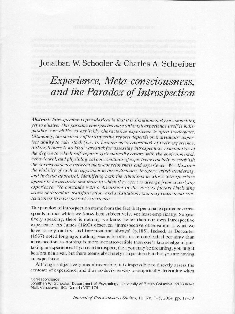 ExperienceMetaconsciousness Paradox of Introspection | PDF | Mind Wandering | Neuroscience