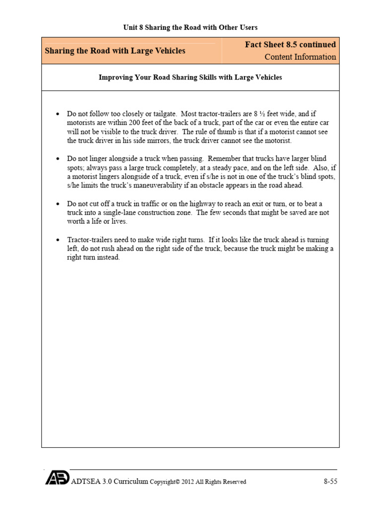 Improving Your Road Sharing Skills With Large Vehicles Fact Sheet | PDF