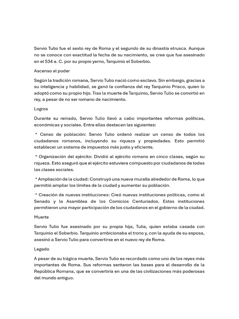 Servio Tulio: Rey y Reformador de Roma | PDF