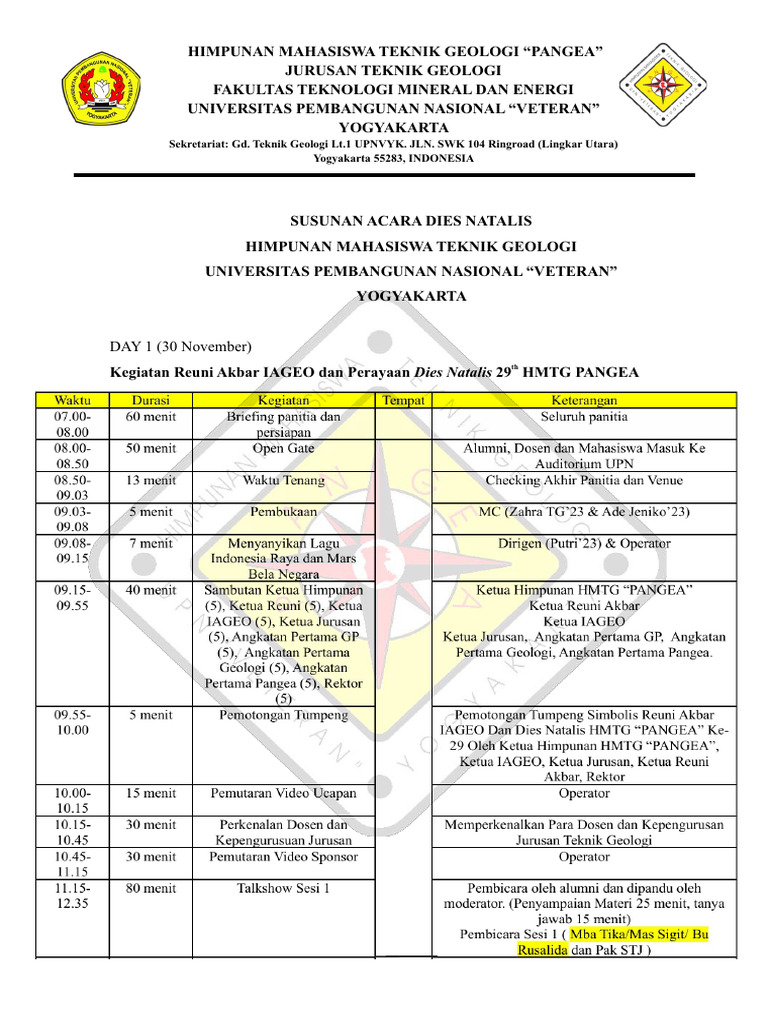 RUNDOWN ACARA REUNI AKBAR DAN DIESNATALIS KE-29 (1) | PDF