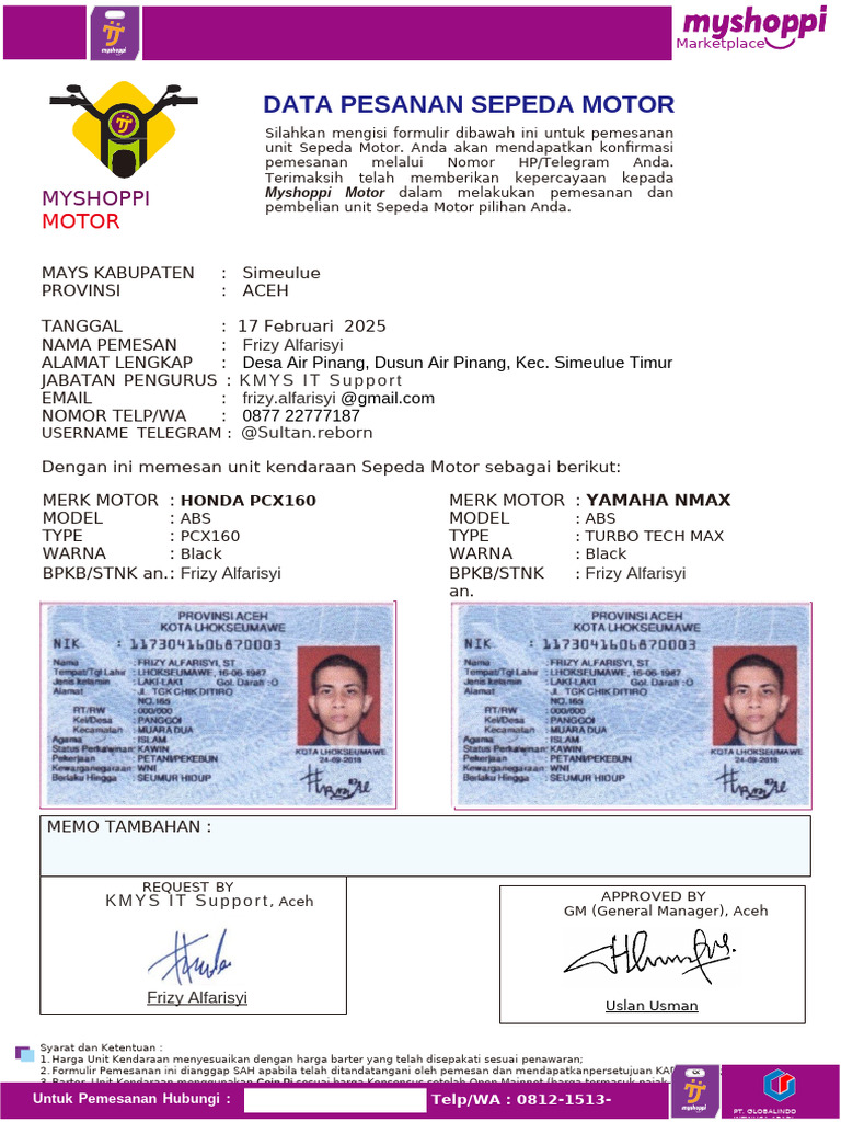 Order Kendaraan Sepeda Motor Form 2025 - Sakdiah | PDF