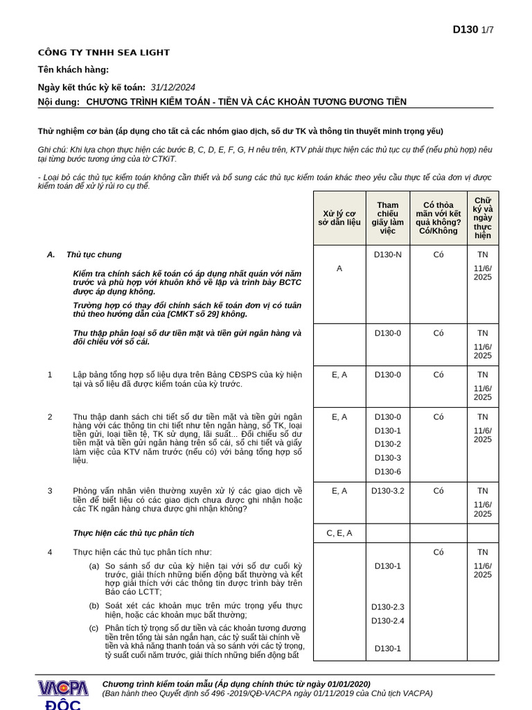 D130 - CTKiT - Tien Va Cac Khoan Tuong Duong Tien (Đã Làm) | PDF