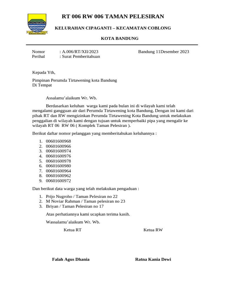 Surat Pengaduan Pdam | PDF