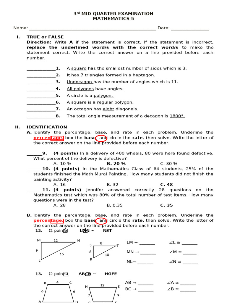 3rd Quarter Math Exam for Grade 5 | PDF | Geometric Shapes | Euclidean ...