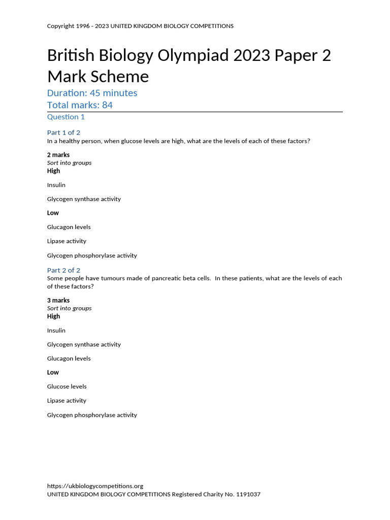 BBO 2023 Mark Scheme and Questions | PDF | Root | Coagulation