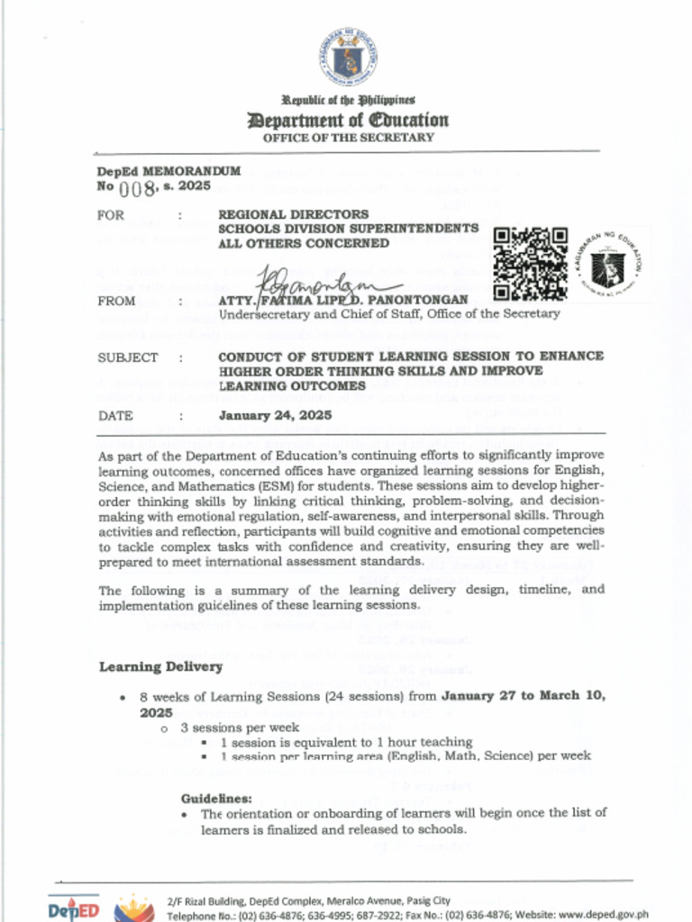 January 24, 2025 DM 008, s. 2025 – Conduct of Student Learning Session ...
