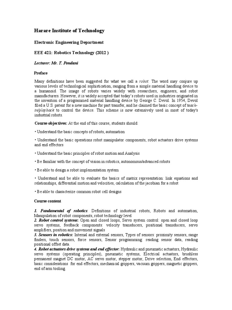 Robot Course Outline | PDF | Robot | Robotics