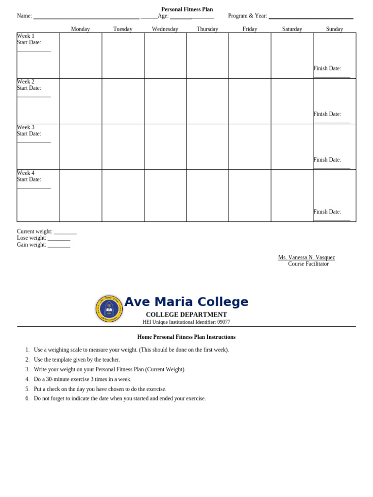 Personal Fitness Plan Template | PDF