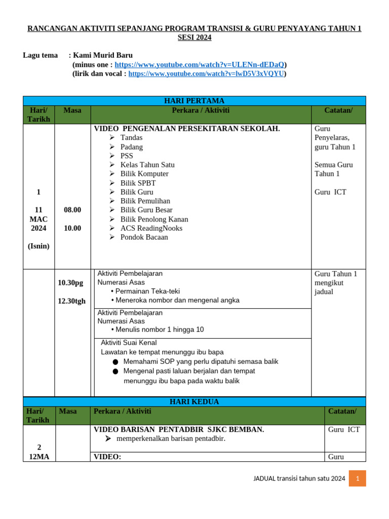 Jadual Minggu Transisi 2024 | PDF