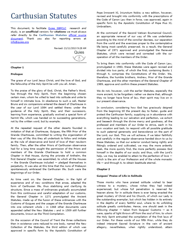 Carthusian Statutes Unofficial Working Version Quies | PDF | Monk | Prayer