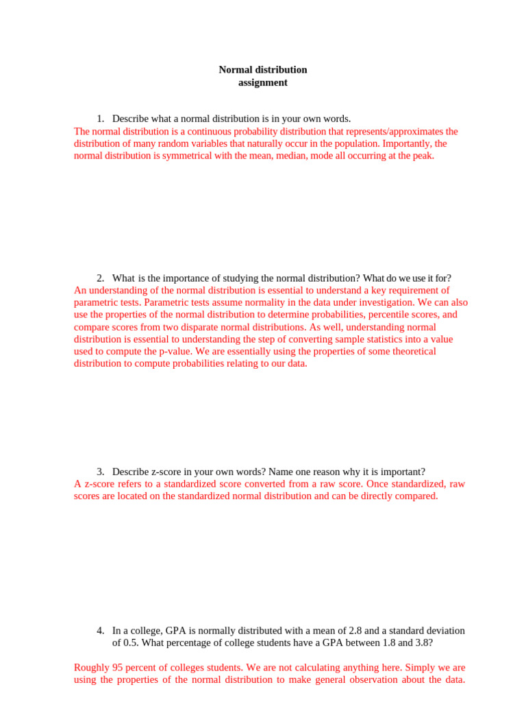 Normal Distribution Assignment - Answer Key | PDF