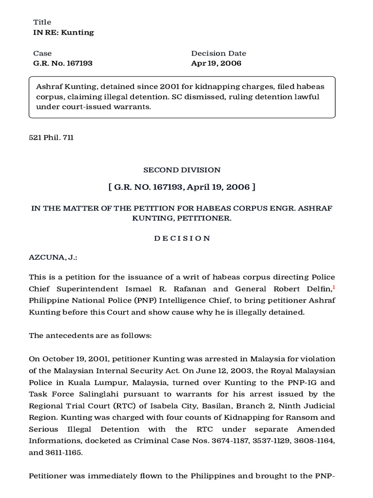 Kunting Habeas Corpus Case Summary | PDF | Habeas Corpus | Detention ...