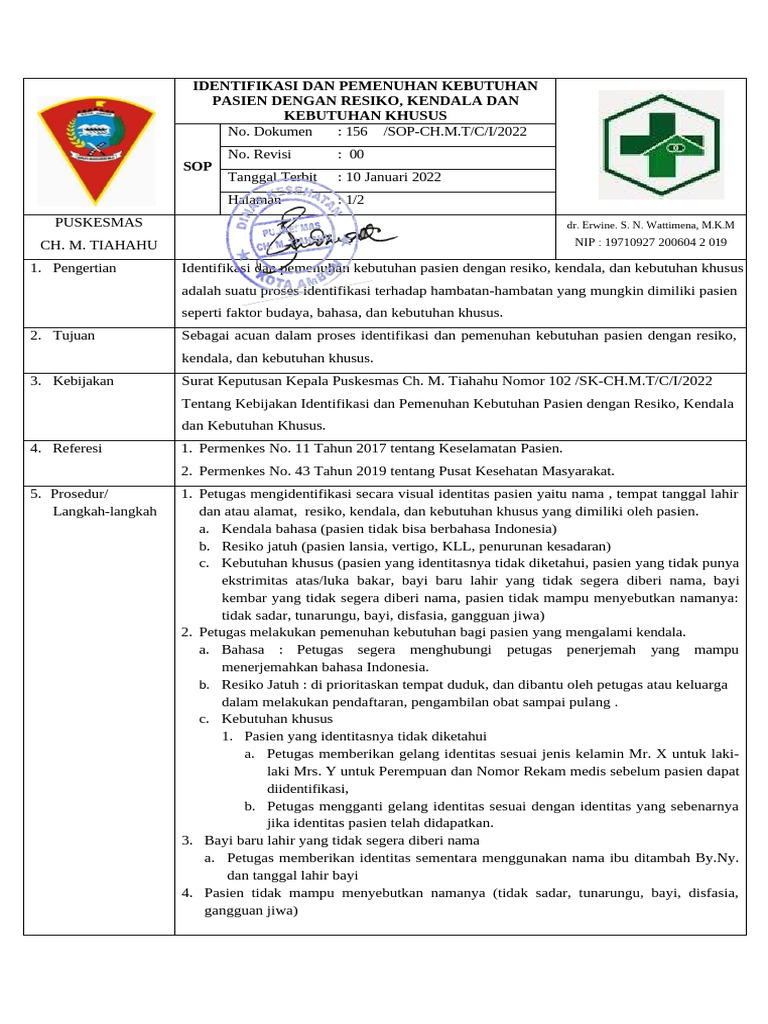 3.1.1.ep A.2.sop Identifikasi Dan Sop Pemenuhan Kebutuhan Pasien Dengan Resiko, Kendala Dan ...