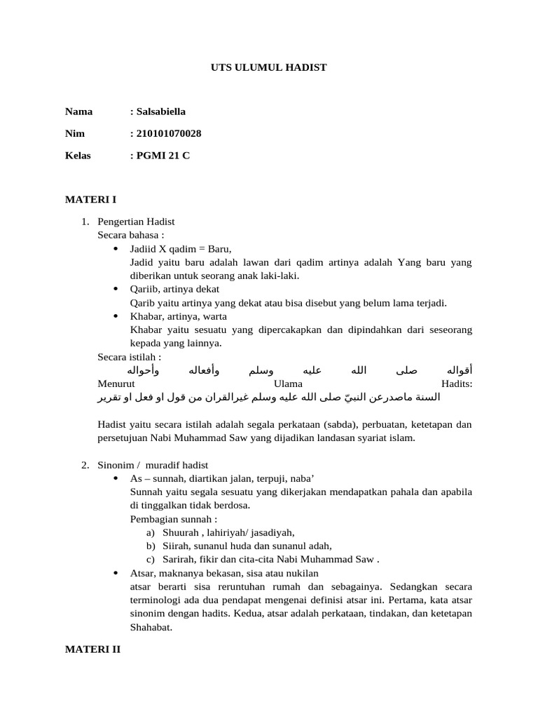 Uts Ulumul Hadist | PDF