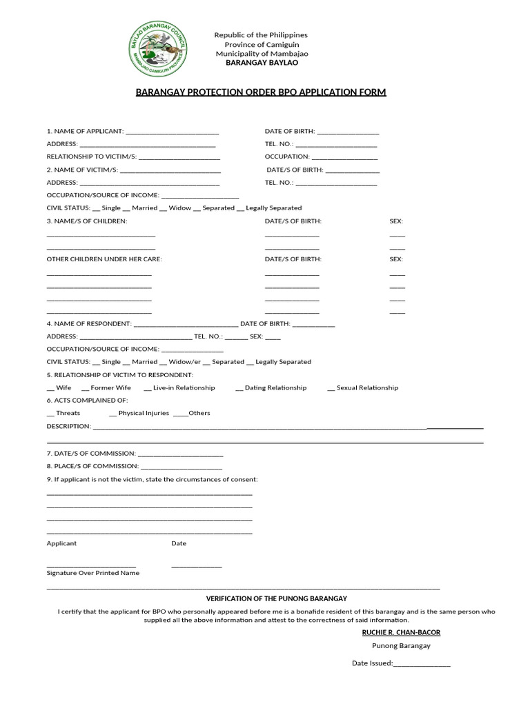 -BPO-APPLICATION-FORM | PDF | Sexual Violence | Intimate Relationships
