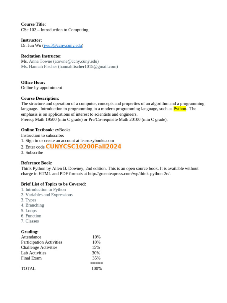 CSC 10200 Fall 2024 Syllabus | PDF