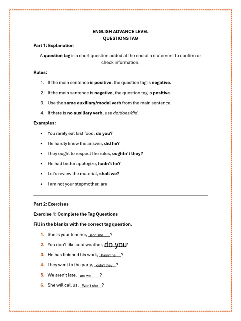 Tag Question Worksheet Resuelto | PDF | Syntax | Semantics