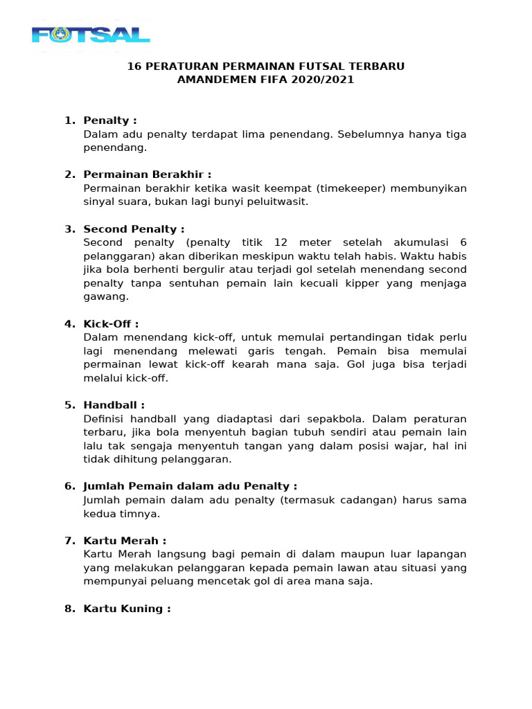 Peraturan Umum Tambahan Permainan Futsal Terbaru | PDF