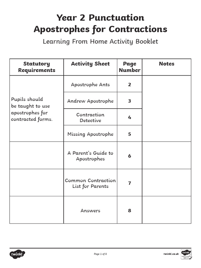 T L 52015 Year 2 Punctuation Apostrophes For Contraction Activity ...