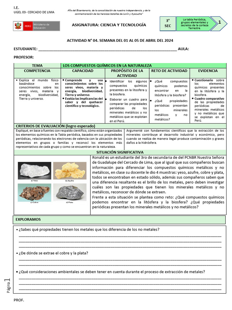 (PDF) 3°Sec - UNIDAD 1 - ACTIVIDAD 4 (CyT Explica 2024) - Los compuestos químicos en la ...