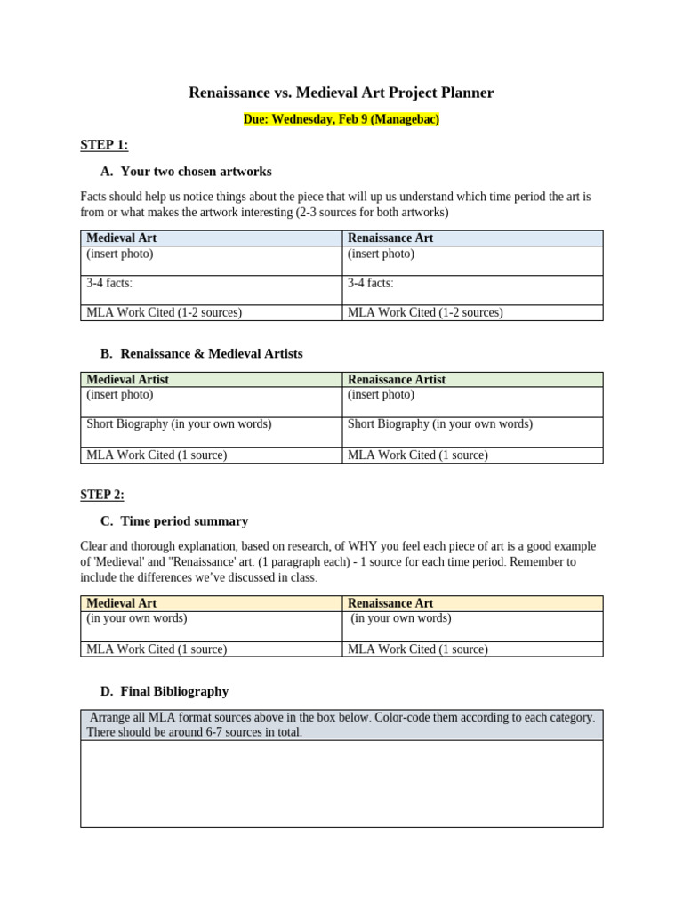 Step 1-2 Renaissance vs. Medieval Art Project Planner | PDF