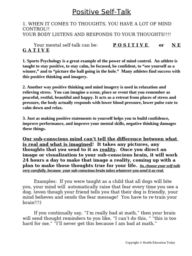 Positive Self-Talk Worksheet | PDF | Thought | Mind