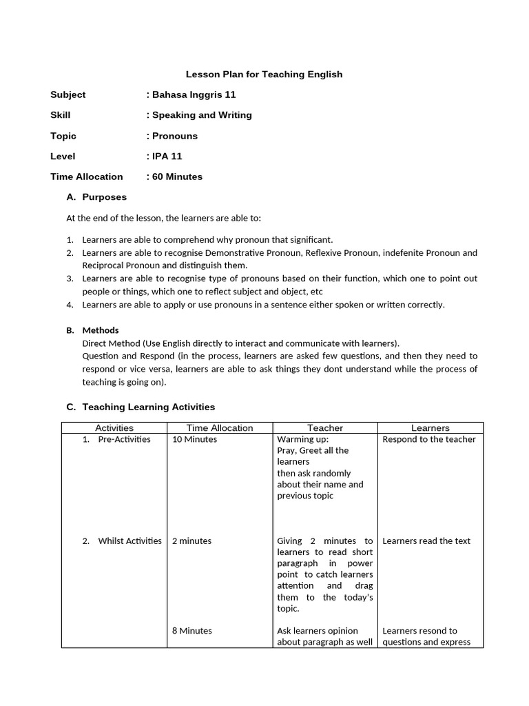 ENGLISH LESSON PLAN | PDF | Pronoun | English Language